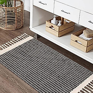 Lahome Boho Bathroom Rugs, Small 2x3 Front Door Mat Lightweight Kitchen Rug Woven Cotton Area Rug with Tassels, Farmhouse Washable Black and White Throw Rug Low Pile Carpet for Entry Laundry