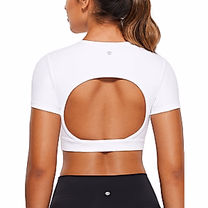 CRZ YOGA Womens Butterluxe Double Lined Open Back Crop Tops Backless Short Sleeve Workout Shirts Casual Tight T-Shirts White Medium