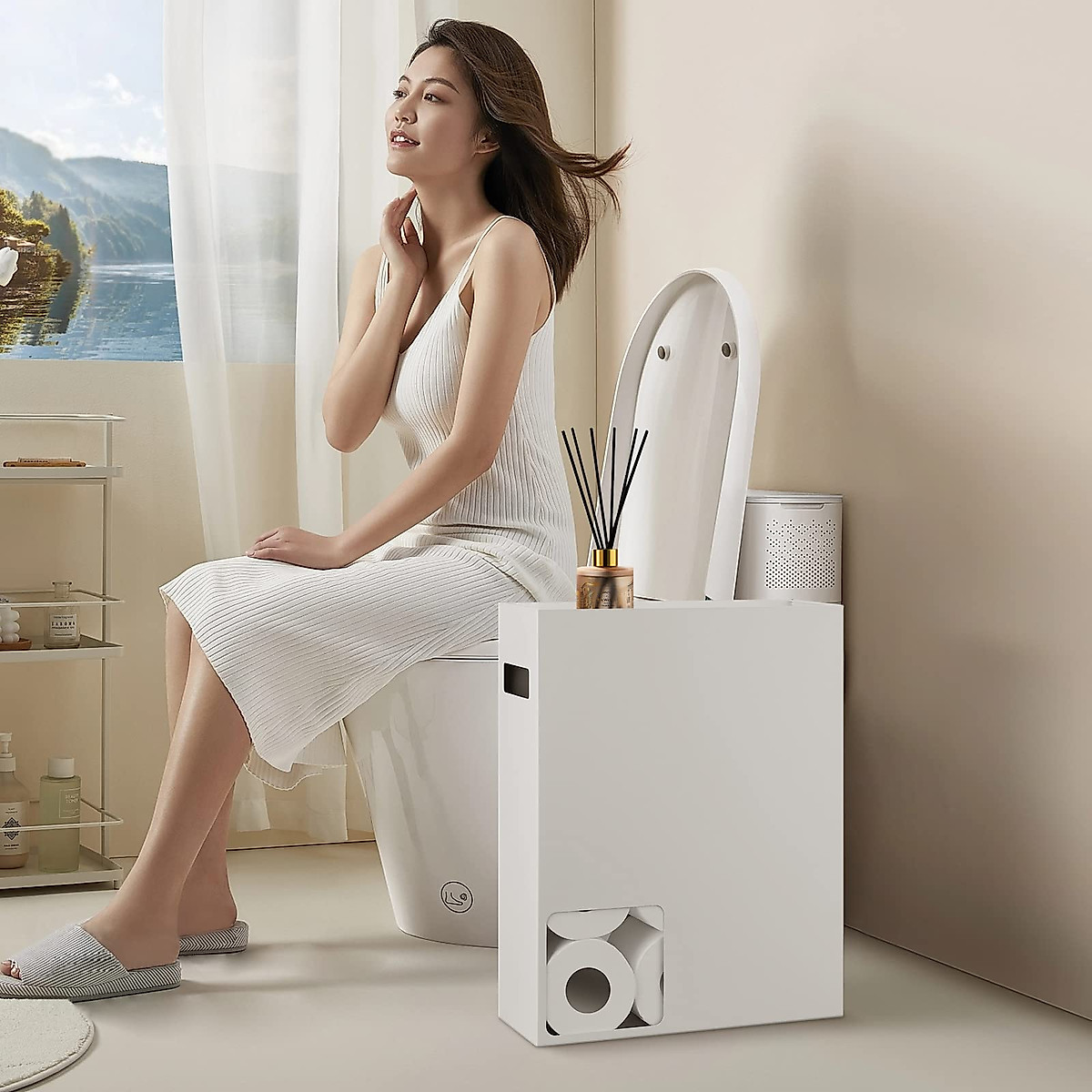 Toilet Paper Storage Organizer, Toilet Paper Holder Dispenser, 12 Rolls Compatible, White