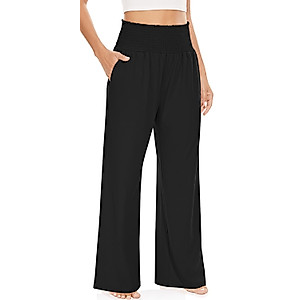 UEU Womens Smocked Ruffle High Waisted Wide Leg Pants Casual Loose Yoga Sweatpants Lounge Pajamas with Pockets Black