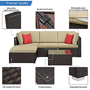 Yaheetech Patio Furniture Set, 5-Piece Outdoor/Indoor Rattan Wicker Sofa Set w/Glass-top Table & Cushions, All-Weather Conversation Lounge Set for Porch/Yard/Poolside/Balcony - Brown/Khaki