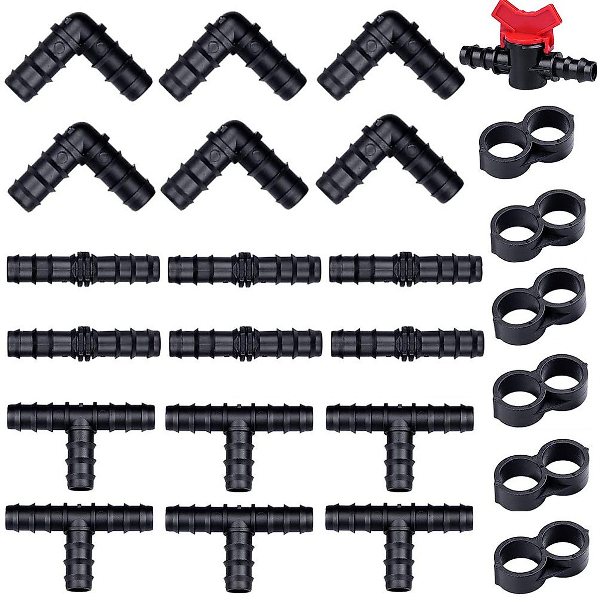 Minelife 25 Pcs Drip Irrigation Fittings for 1/2" Tubing, Irrigation Kits Accessories - 1 Switch Valve, 6 Tees, 6 Couplings, 6 Elbows, 6 End Cap Plugs, Barbed Connectors for Drip or Sprinkler Systems