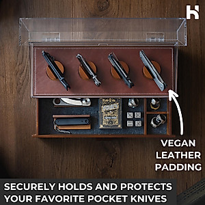 Showcase Your Knives with The Knife Deck Pro – Premium Pocket Knife Display Case for 6 Knives – Easy Access & Leather Lining – Drawer for Accessories – Wooden Pocket Knife Holder – Lifetime Assurance