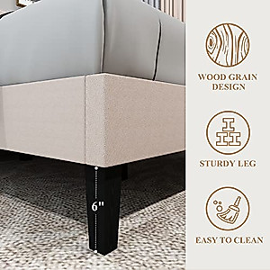 Benevika Full Size Upholstered Platform Bed Frame with Linen Fabric Simple Style Headboard and Wooden Slats Support, Upholstered Mattress Foundation, No Box Spring Needed, Easy Assembly, Beige