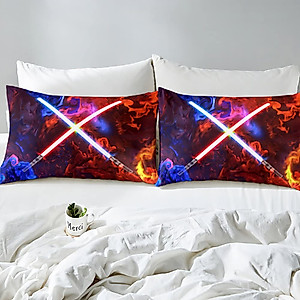 Feelyou Lightsaber Duvet Cover Lightning Red Blue Smokey Galaxy Bedding Set Future Technology Comforter Cover for Boys Girls Children Teens Bedroom Decor Bedspread Cover Queen Size with 2 Pillow Case