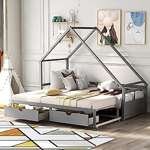 STP-Y Extending Daybed with Trundle Bed and Two Storage Drawers, Twin Size/King Size Solid Wood Daybed Frame, Wooden House Daybed for Teens Girls Boys, No Box Spring Needed, Easy Assembly, Grey