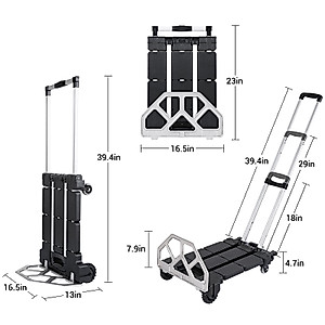 XCBYT Folding Hand Truck, 3 in 1 Foldable Hand Truck Heavy Duty 330 LB Portable Dolly Cart with 4 Wheels & 2 Elastic Ropes Convertible Hand Truck for Moving Office Home