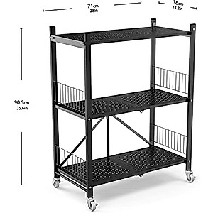 GUUVOR 3-Shelf Foldable Storage Shelves with Wheels,Kitchen Shelves Freestanding Foldable Metal Storage Shelf,No Assembly Storage Shelves,Heavy Duty Movable Shelving for Storeroom,Garage,Office
