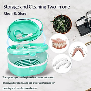 Denture Case, Double Denture Slot Cup Case Wet & Dry Portable Denture Case Portable False Teeth Container, Denture Cup with Lid for Cleaning Household Office Travel (Green)