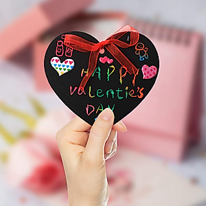 28 Pieces Valentine Crafts Scratch Paper Ornaments Heart Shape Rainbow Scratch Craft Art, with 28 Pieces Wooden Styluses,28 Pieces Ribbons, and 2 3D Puffy Stickers, for Valentine DIY Art Decorations