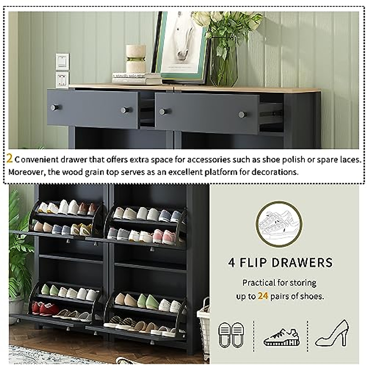 Aiuyesuo Slim Shoe Cabinet Set with 4 Flip Drawers, Wood Grain Pattern Top Shoe Storage Solution with Adjustable Panel, Shoe Rack with 2 Top Storage Drawers for Hallway Entryway (Black-QR0)