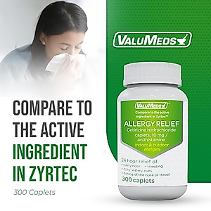 ValuMeds 24-Hour Allergy Medicine (300-Count) Antihistamine for Pollen, Hay Fever, Dry, Itchy Eyes, Allergies | Cetirizine HCl 10mg Caplets, Compare to Zyrtec