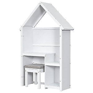 LAVHOME Kids Desk and Chair Set Wood Study Desk with Storage and Cushion Stool House Shaped Art Table for Girls Boys Children,White