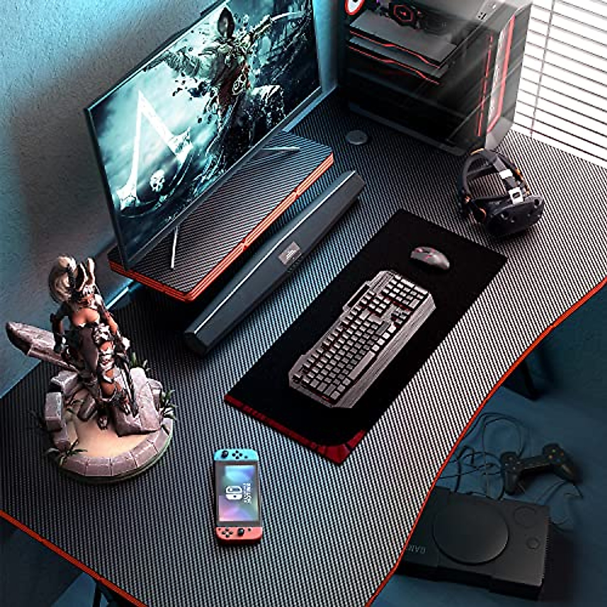 Furmax 47 inch Gaming Desk PC Computer Table Racing Style Home Office Desk Z Shaped Carbon Fiber Desktop Gamer Workstation with Monitor Stand Cup Holder and Headphone Hook (47 inch)