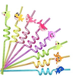 24 Shark Party Favors Reusable Plastic Straws for Boys Girls Kids Baby Swimming Ocean Shark Themed Birthday Party Supplies Decorations with 2 Cleaning Brushes