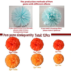 Orange Tissue Paper Pom Poms 12Pcs- Hanging Paper Flowers for Wedding Birthday Graduations Christmas and Special Occasions(8 &10 & 12 inch) ﻿