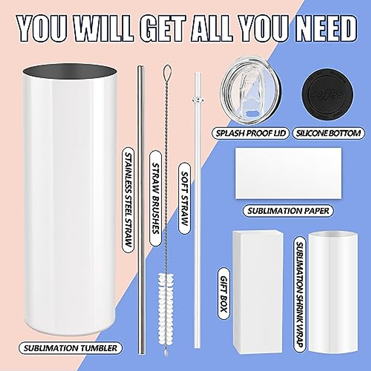 Griart 8 Pack 20 oz Sublimation Tumbler Blank Bulk Skinny Straight Hot & Cold Double Wall Insulated Tumbler with White Boxed,Lid,Plastic & Metal Straw,Rubber Bottom,Brush,Sublimation Paper,Shrink Wrap