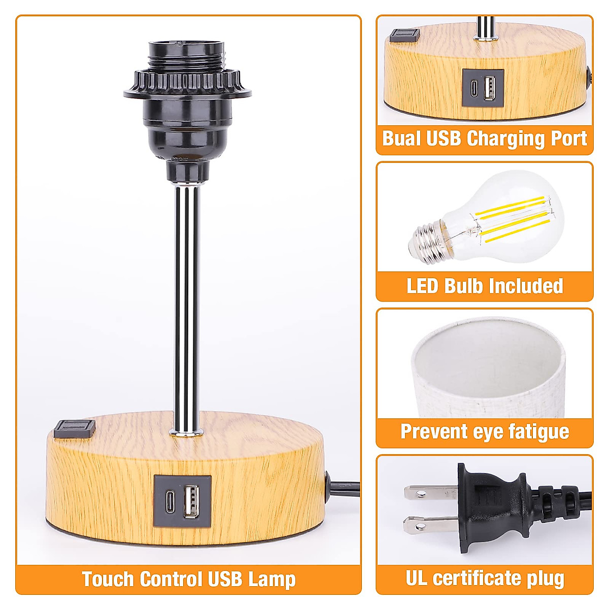 ZEXDOK Table Lamps Set of 2 with USB Ports and Outlets, Touch Control Lamps for Bedroom 3-Way Dimmable Nightstand Lamps with USB A+C Charging Ports & Ac Outlet for Living Room, Dorm, Home Office