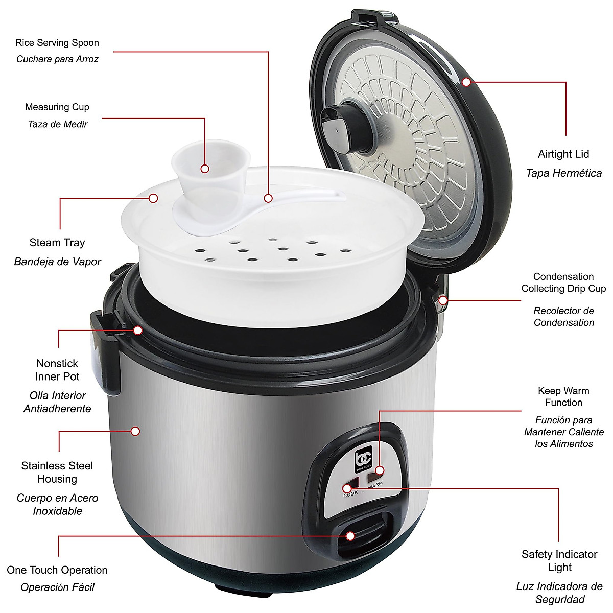 Bene Casa 7 cup stainless-steel thermo rice cooker, stainless steel and black design, cool touch rice cooker, simple operation, dishwasher safe.