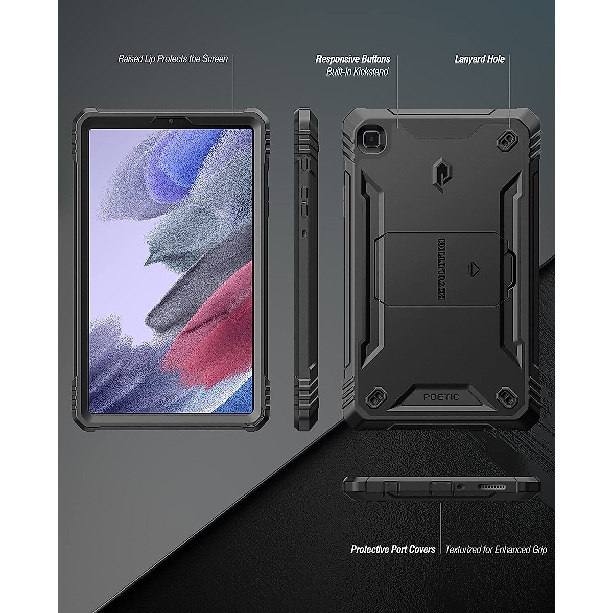 Poetic Revolution Case Designed for Galaxy Tab A7 Lite 8.7 with Screen Protector & Kickstand, Full Body Heavy Duty Rugged Shockproof Drop Protection Protective Case Cover, Black