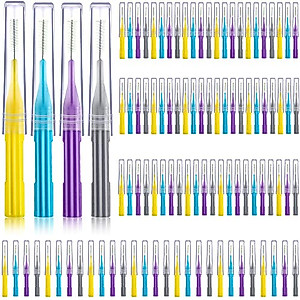 100 Pieces Braces Brush for Cleaner Interdental Brush Toothpick Dental Flossing Head Oral Hygiene Flosser Tooth Cleaning Tool (Light Blue, Yellow, Gray, Purple)