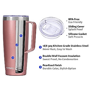 SUNWILL Travel Coffee Mug With Lid, Insulated Tumbler With Handle 24oz, Stainless Steel Coffee Tumbler Double Wall, Reusable Insulated Mug, Pearlized Rose Gold