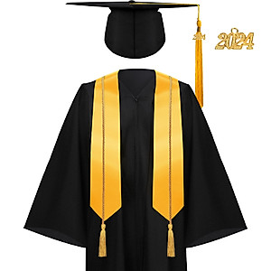 Syhood 4 Pieces 2024 Unisex Graduation Matte Gown Cap Tassel Stole Set Honor Cord 2024 Charm for Graduation(Black, Golden, 51)