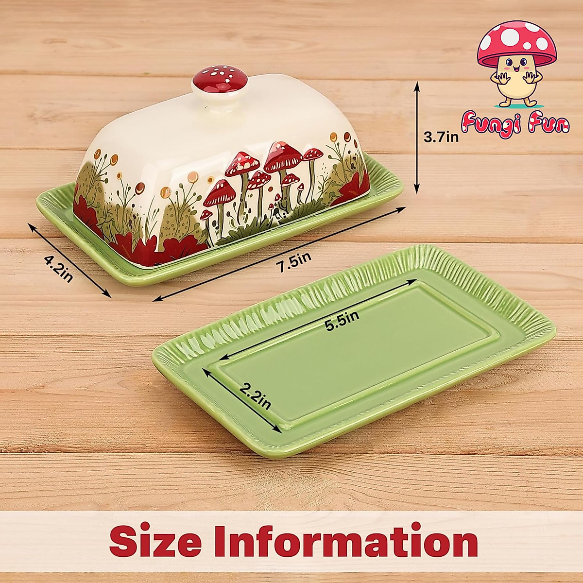 Fungi Fun Mushroom Butter Dish With Lid For Countertop Ceramic Butterdish, Red Mushroom Butter Container, Butter Tray Large Butter Dish Covered (White, Standard)