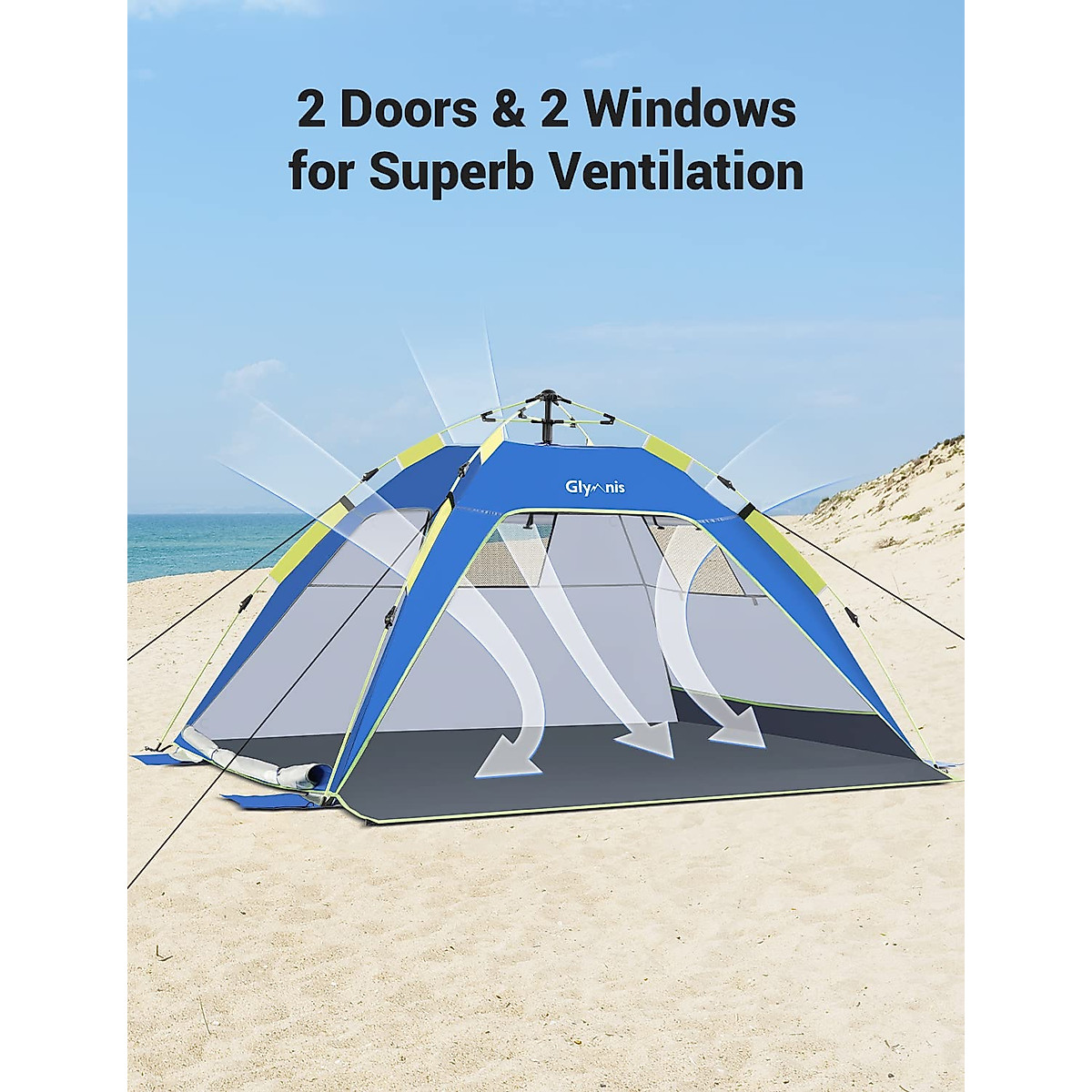 Glymnis Pop Up Beach Tent Sun Shade Shelter for 4 Person with UPF 50+ Easy Setup, 3 Ventilation Windows, Extended Floor Family Instant Beach Tent
