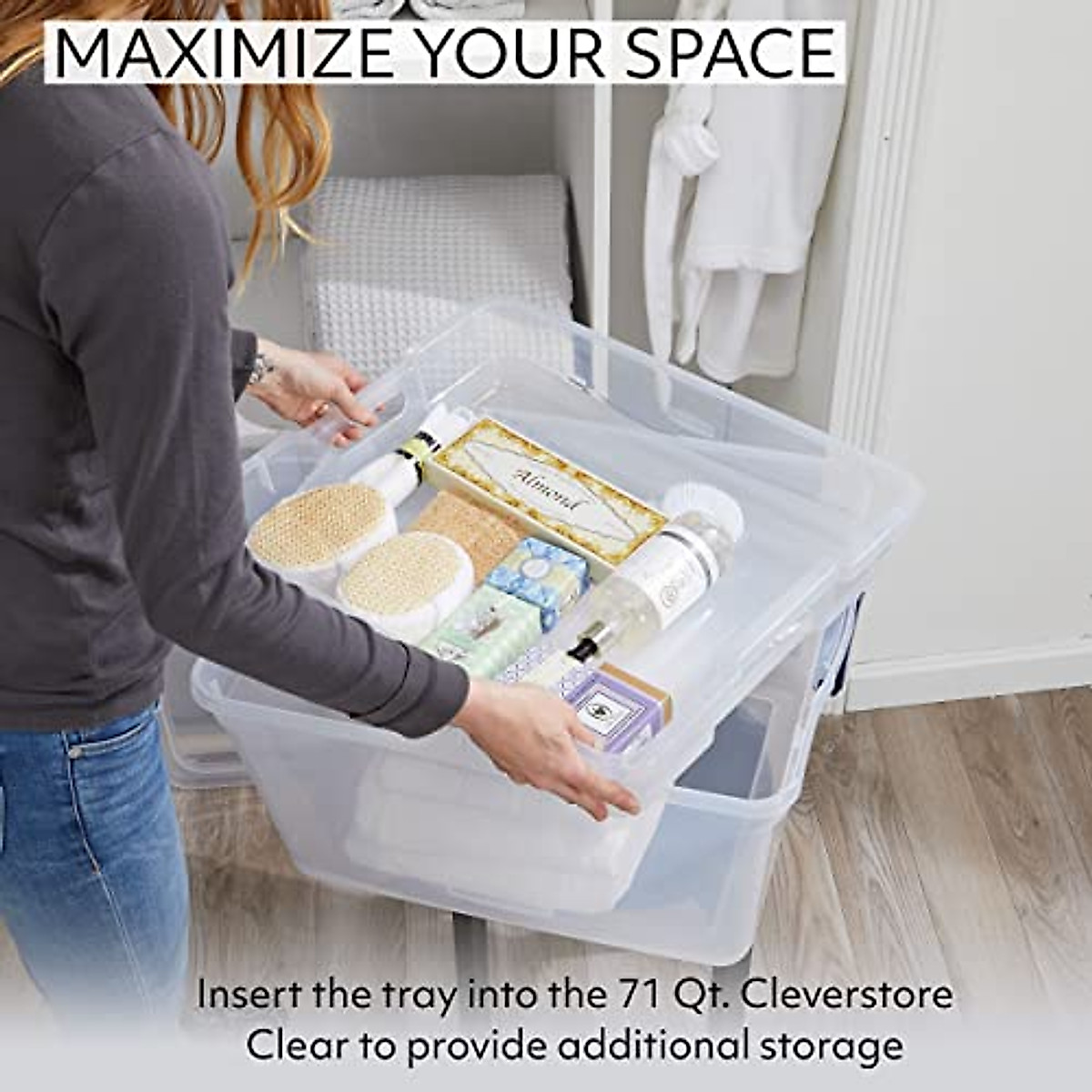 Rubbermaid 71 Qt. Cleverstore Clear Bundle with Tray Inserts, Pack of 4, Clear Plastic Storage Bins with Built-In Handles to Maximize Storage, Great for Large and Small Items