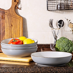 AmorArc 8.5'' Stoneware Pasta Bowls, 32oz Large Speckled Bowls Set of 4 for Kitchen, Wide & Flat Bowls for Pasta,Salad,Oatmeal, Microwave&Dishwasher Safe, Matte Gray