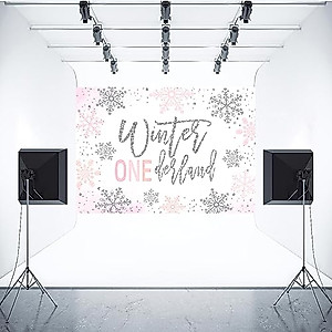 Aperturee 7x5ft Winter Onederland Backdrop 1st Christmas Birthday Snowflake Background Photography Newborn Baby Girl's First Bday Pink Silver Party Decoration Photo Booth Candy Table Decor Banner