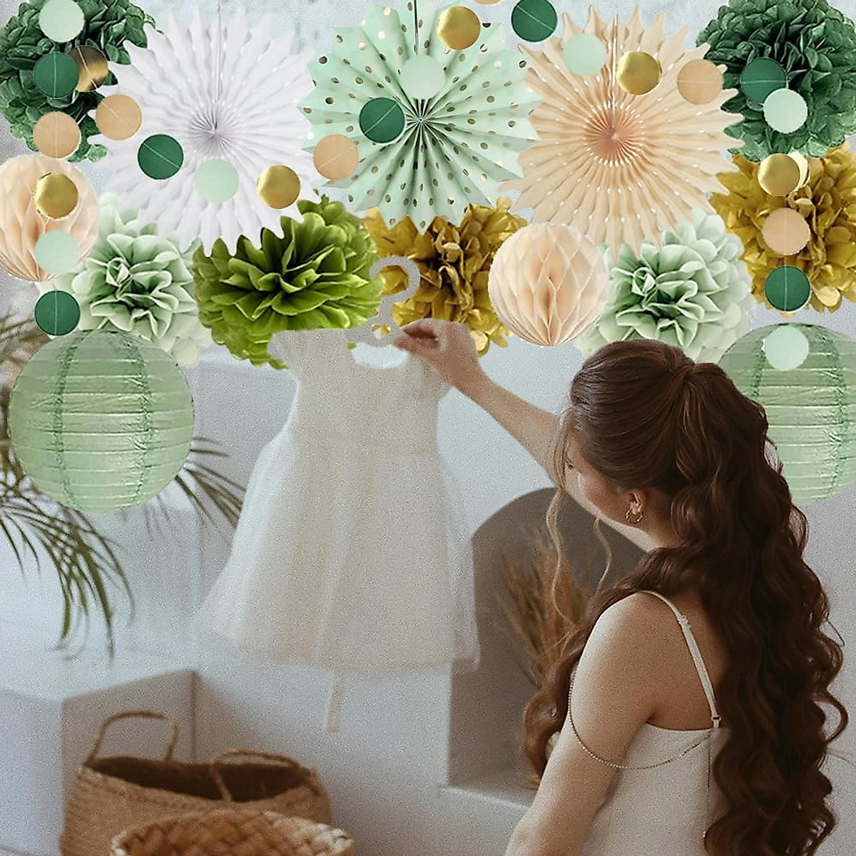 Olive Sage Green Party Decorations Olive Sage Green Tissue Paper Pom Poms Circle Dots Hanging String Garland for Sage Green Baby Shower Bridal Shower Wedding Birthday Party Decor