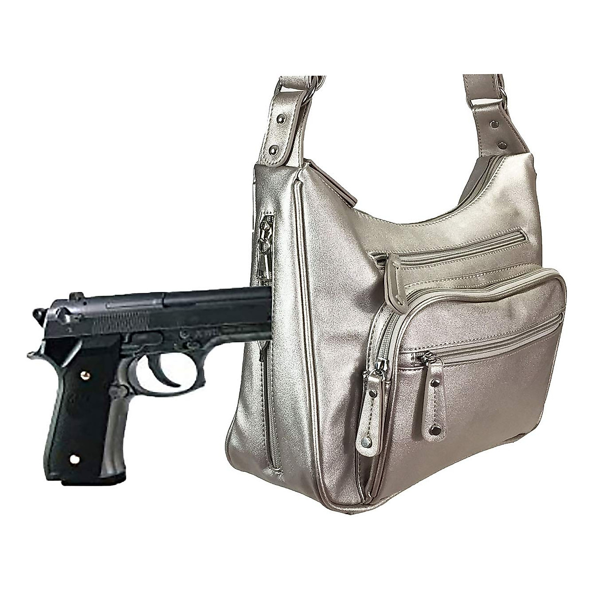 Zzfab Fashion Locking Concealed Carry Big Hobo Bag CCW Cross Body Bag with Credit Card Slots Pewter