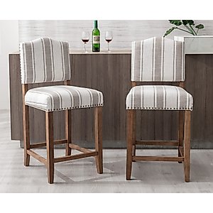 CIMOTA Counter Height Bar Stools Set of 2 Farmhouse Bar Chairs Mid Century Counter Stools Barstools with Back Kitchen Stools with Wood Legs for Island/Dining Room, Linen Beige Brown Stripe, 26 Inch