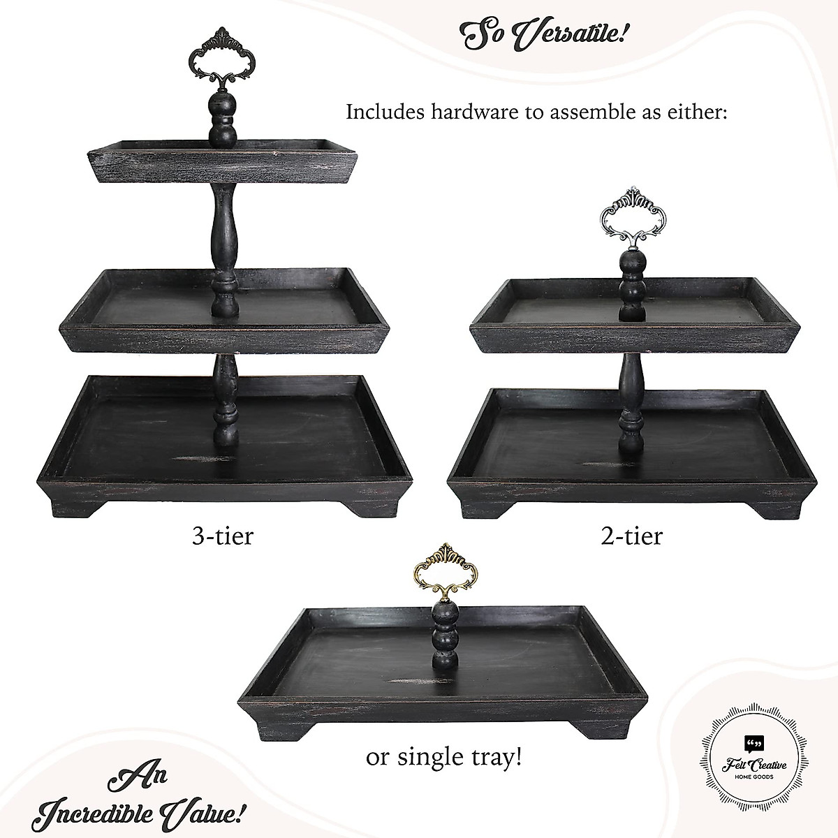 Large Rectangle Rustic Wood Three Tiered Tray, 3 Tier Serving for Coffee Bar, Kitchen Counter, Modern Farmhouse Table Decor, Cupcake Stand, Holiday - Felt Creative Home Goods (Black) with 3 Handles