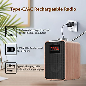 Bluetooth Fm Radio, Retro Radio Plug in Wall Vintage Wooden Bluetooth Speaker Portable Shortwave Radio with LED Display, 2000mAH Rechargeable with Rotary Knob for Outdoor Indoor Office