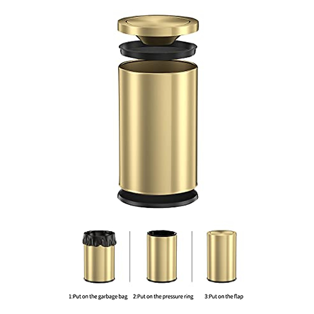 Black Bathroom Trash can with lids, Gold Trash can,Office Trash can,Garbage can with a lid for Bedroom,Living Room,Kitchen (Black with Silver Lid)