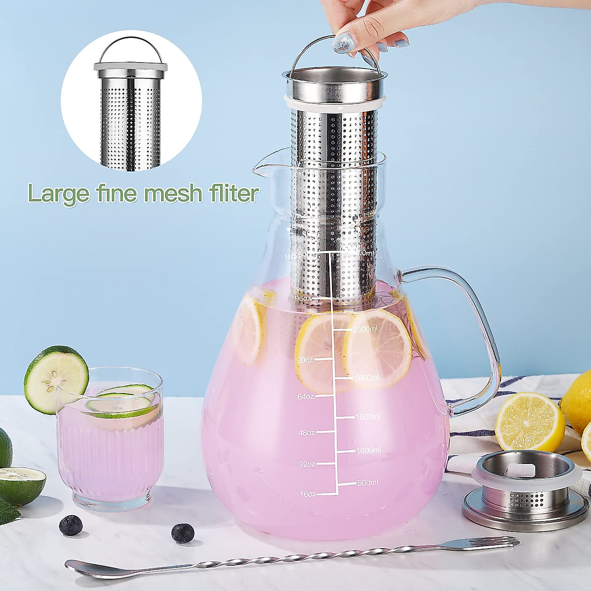 Glass Pitcher - 105.6oz Fruit Infuser Water Pitcher with Removable Lid and Precise Scale Line , 18/8 Stainless Steel Iced Tea Pitcher, Easy Clean Heat Resistant Infusion Pitcher for Cold Hot Beverages