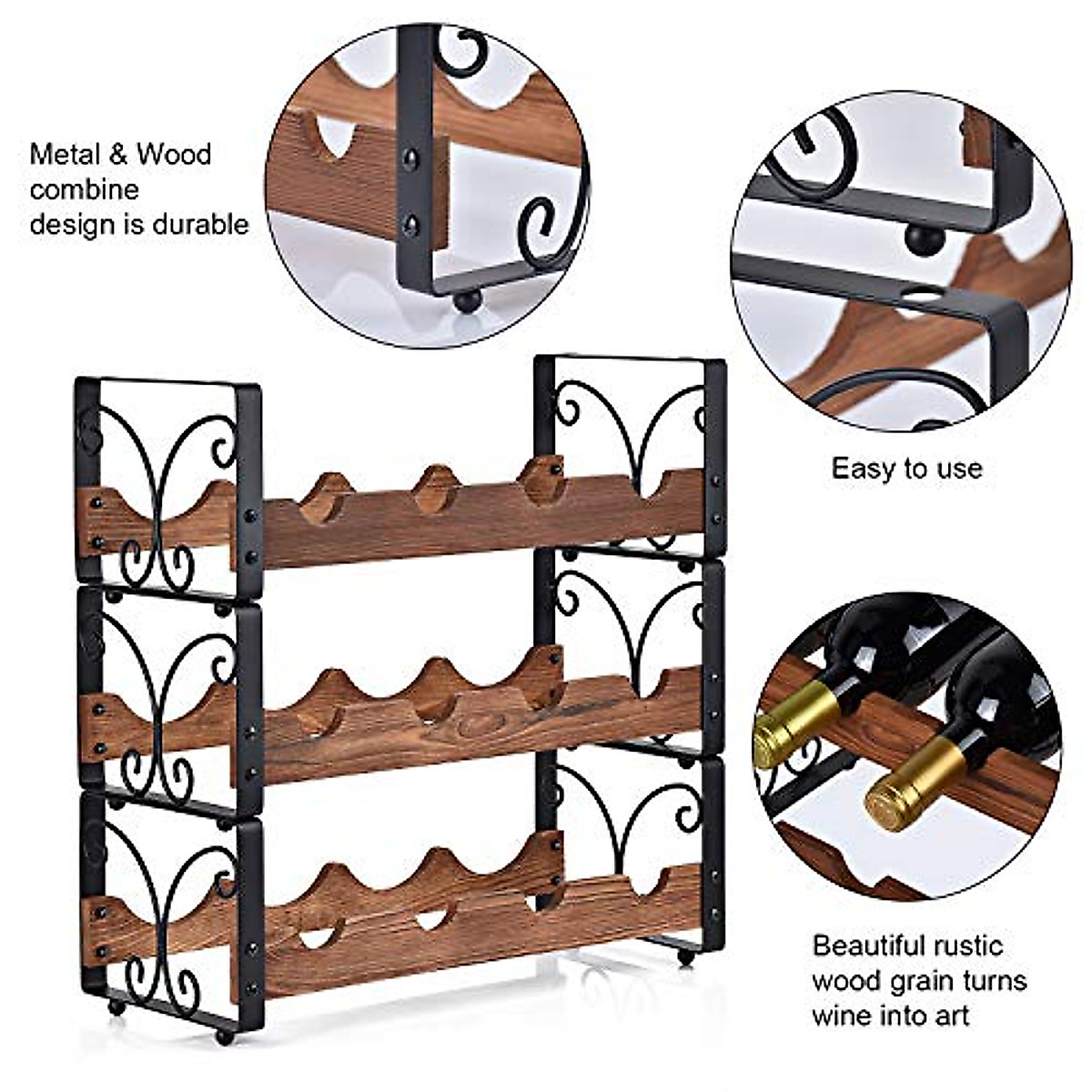 X-cosrack Rustic 3 Tier Stackable Wine Rack Freestanding 12 Bottles Organizer Holder Stand Countertop Liquor Storage Shelf Solid Wood & Iron 17" L x 7.2" W x 16.5" H-Patent Design