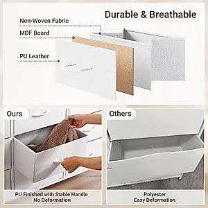 ELYKEN White Dresser with LED Light for Bedroom, Dresser with 9 Drawers and Charging Station, Fabric Chest of Drawers with PU Finish Storage Drawers for Entryway Closet Living Room Hallway Guest Room