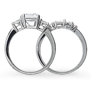 BERRICLE Sterling Silver 3-Stone Wedding Engagement Rings Emerald Cut Cubic Zirconia CZ 7-Stone Ring Set for Women, Rhodium Plated Size 8