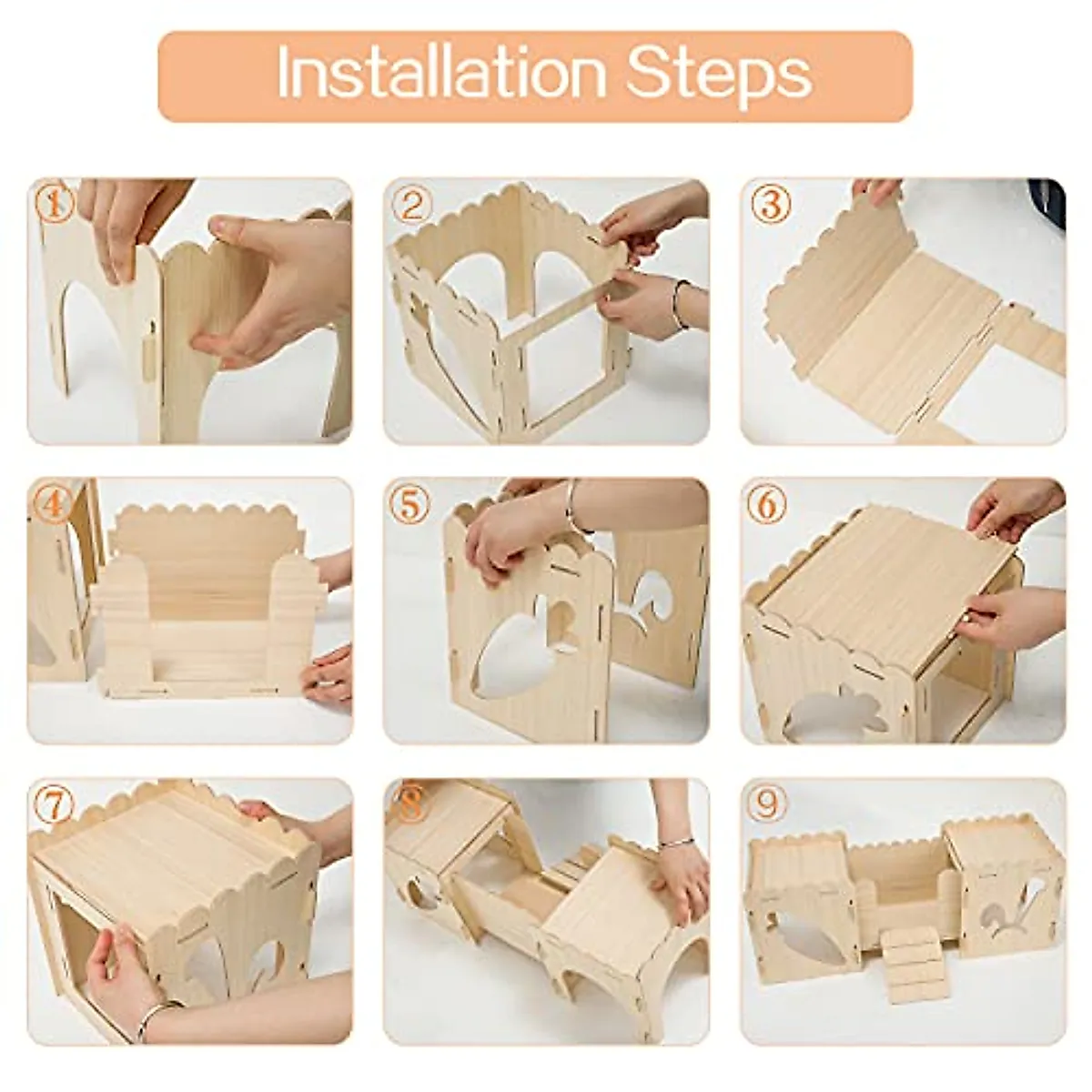 Biggun Wooden Rabbit Castle Hideout Tunnel Playhouse- Large Handmade Bunny Rabbit Castle Small Animal Rest and Play House with Ladder & Tunnel for Chinchilla Guinea Pig Hamster Hideout Habitat