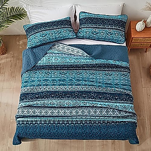 WONGS BEDDING Boho King Quilt Set, Blue Bohemian King Quilt Bedding Set, Lightweight Microfiber Bed Decor Bedspread for All Season 103"x90"(3 Pieces)