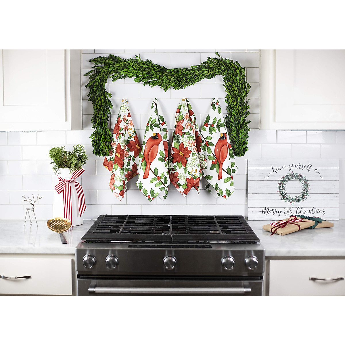 Ritz Dual Print Kitchen Towels, Watercolor Christmas Set, Great Christmas Gift, 100% Cotton, Highly Absorbent, Machine Washable, 4 Pack