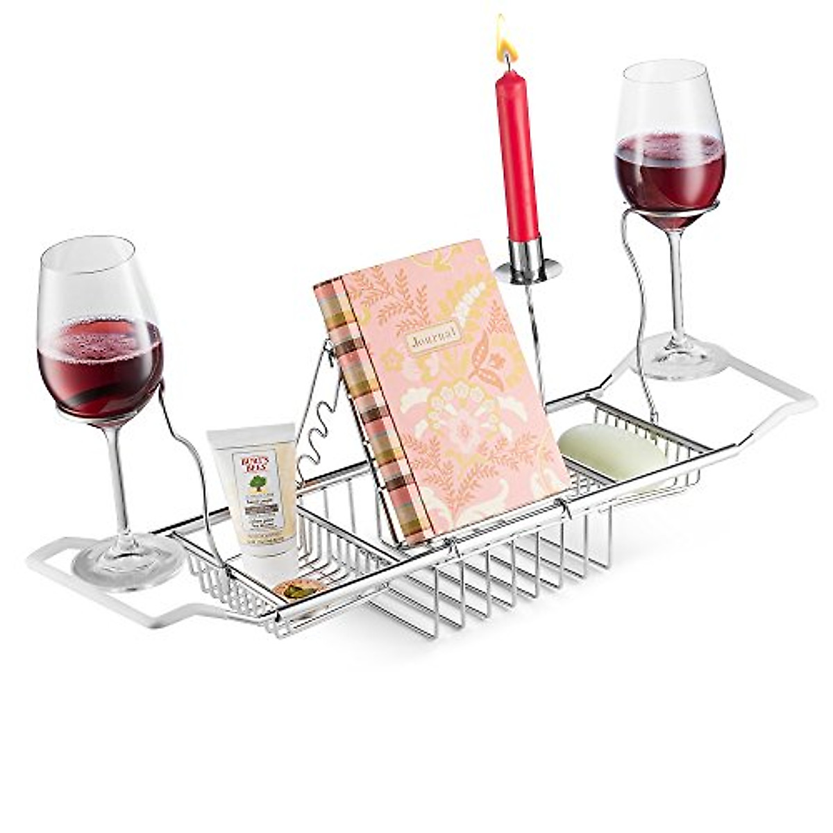Bathtub Tray Caddy Stainless Steel - Bath Tub Caddy Rack & Organizer with Stand for Book, iPad or Phone - Candle Holder - 2 Wine Holders