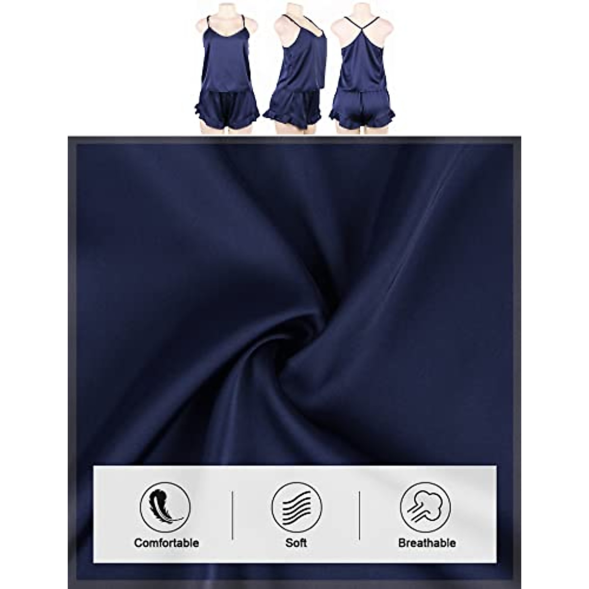 ohyeah Silk Pajamas for Women Set, PJ Set for Women Silk Satin Spaghetti Strap Tank Top Cross Back Shorts Set Blue XL-2X