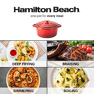 Hamilton Beach Enameled Cast Iron Dutch Oven 5.5-Quart Red, Cream Enamel Dutch Oven Pot with Lid