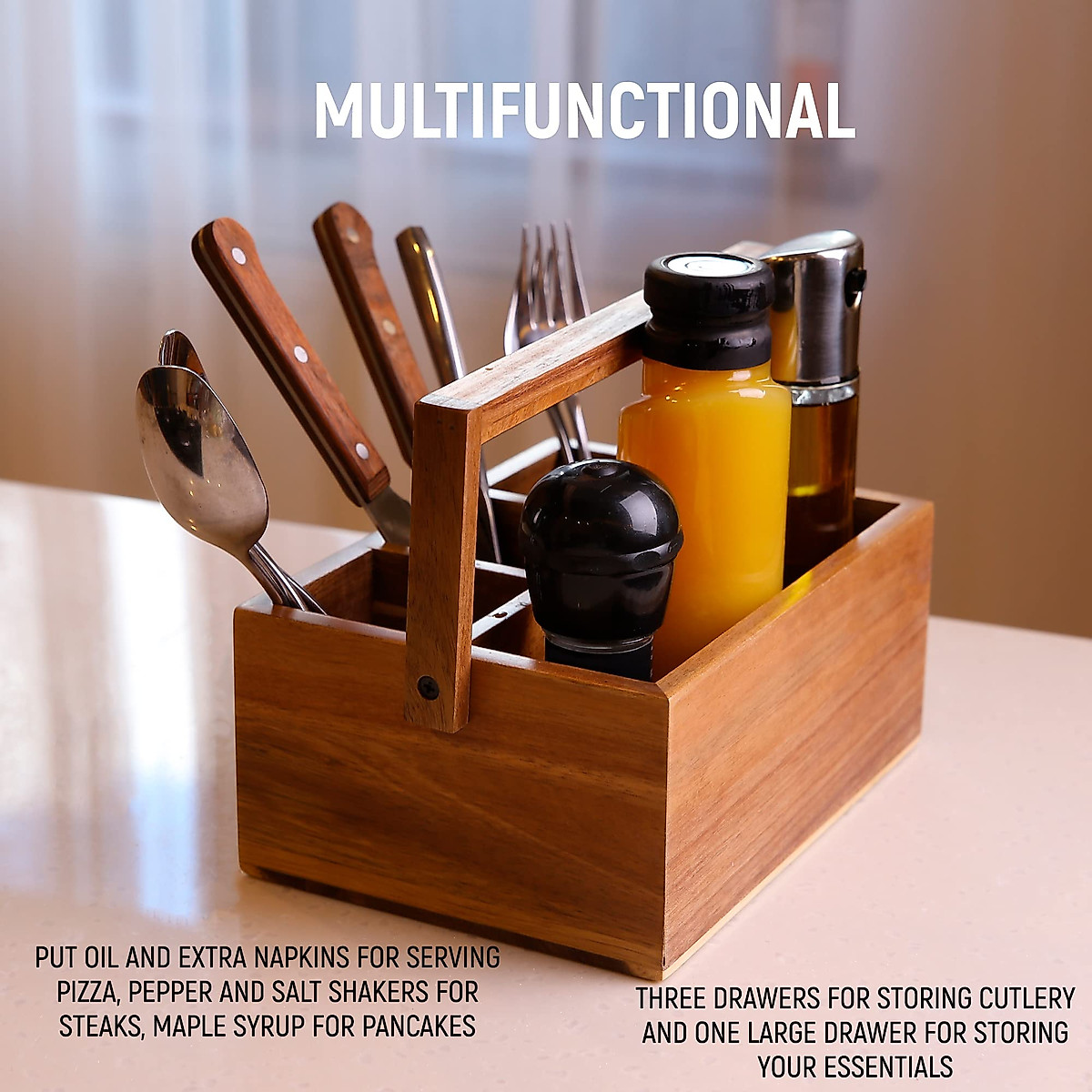 Qualerica Acacia Silverware Caddy with Handle, Rustic Utensil Holder with Handle for Farmhouse Kitchen Decor, Mulip-pose Organizer for Kitchen, Bathroom, Office, Bedroom (Four Compartments)