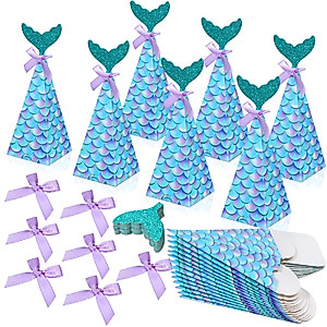 50 Pcs Mermaid Party Boxes Favors Cone Mermaid Gift Boxes with Glitter Tail and Purple Bow Mermaid Party Favors Paper Mermaid Candy Box for Girl Under the Sea Baby Shower Decorations Birthday Supplies